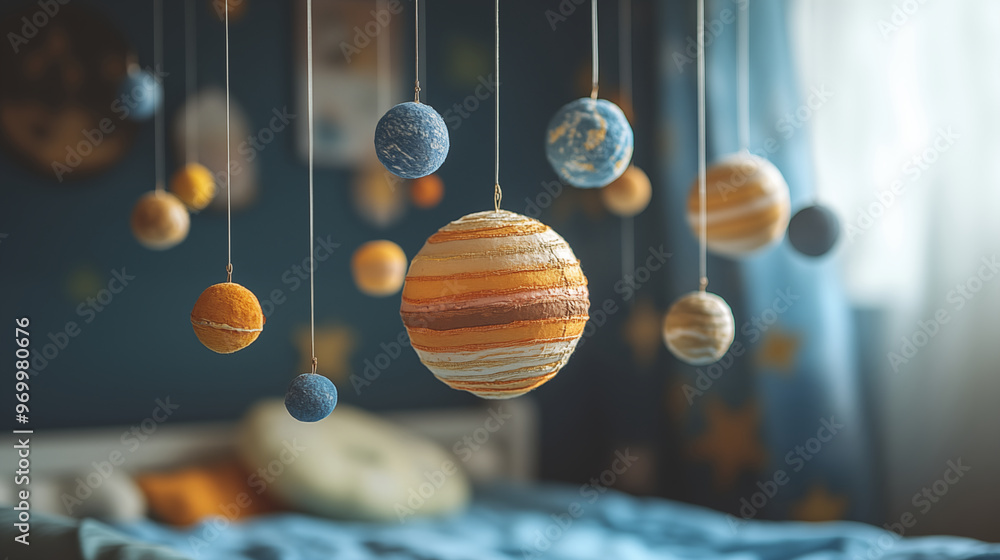 Solar system model hanging in bedroom. Concept of astronomy education ...