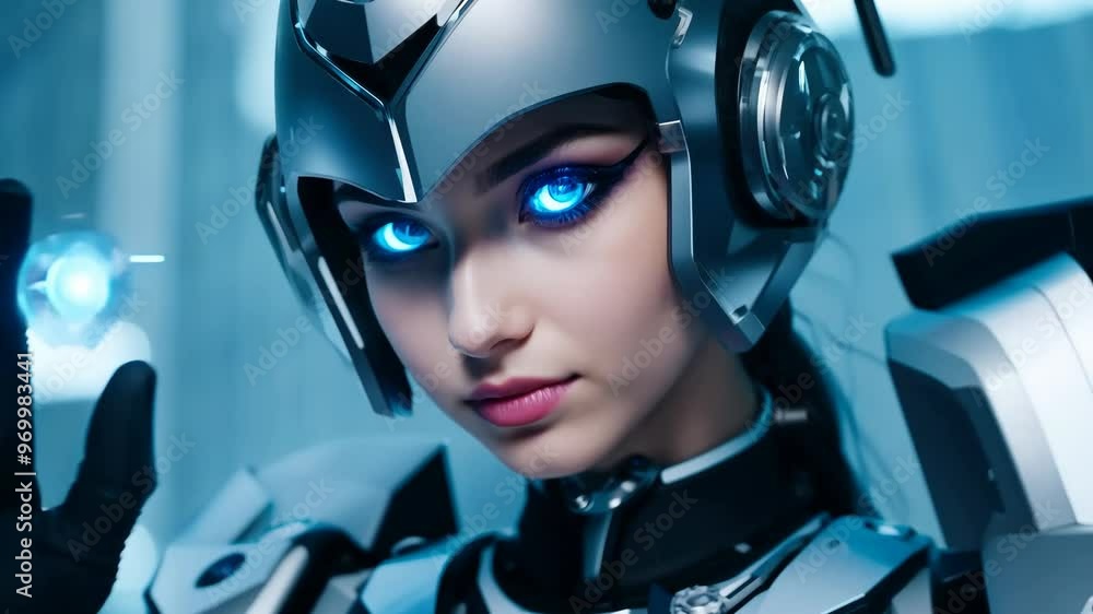 Futuristic female character in sleek armor with glowing blue eyes ...