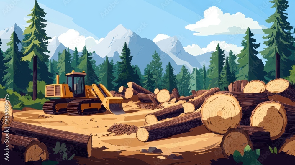 Deforestation illustrated through logging equipment clearing a forest ...