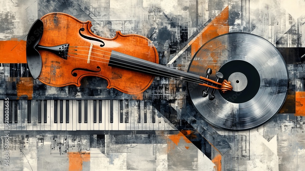 Contemporary art collage, featuring a violin, piano keys, and a vinyl ...