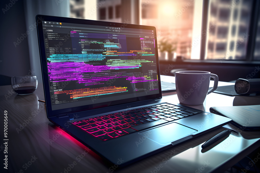 HTML Web Development Concept: Laptop Displaying Colour-Coded HTML Code Surrounded by Web ...