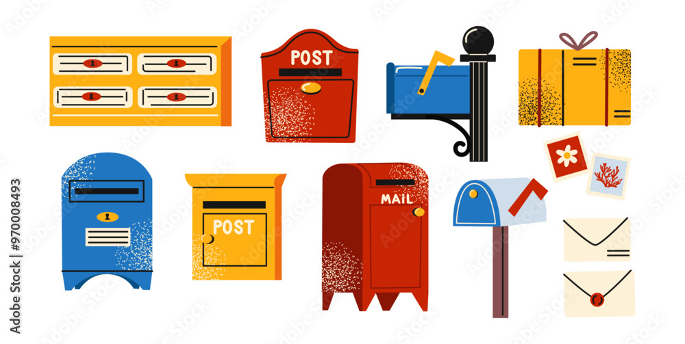 Retro mailbox set. Cartoon doodle mailboxes for sending and receiving ...