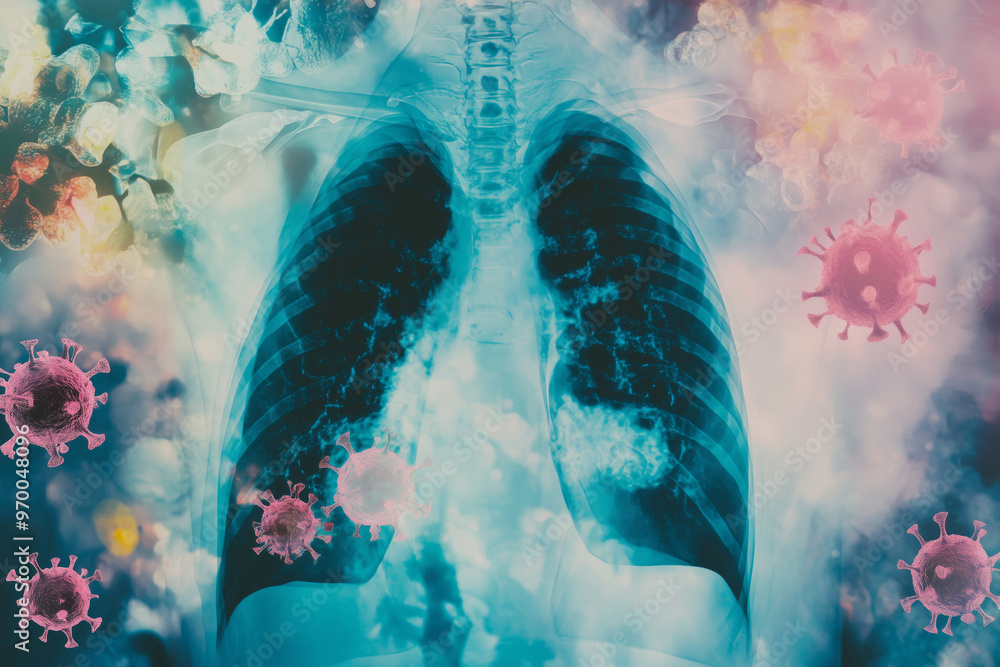 Doctors examining a detailed human chest X-ray with visual ...