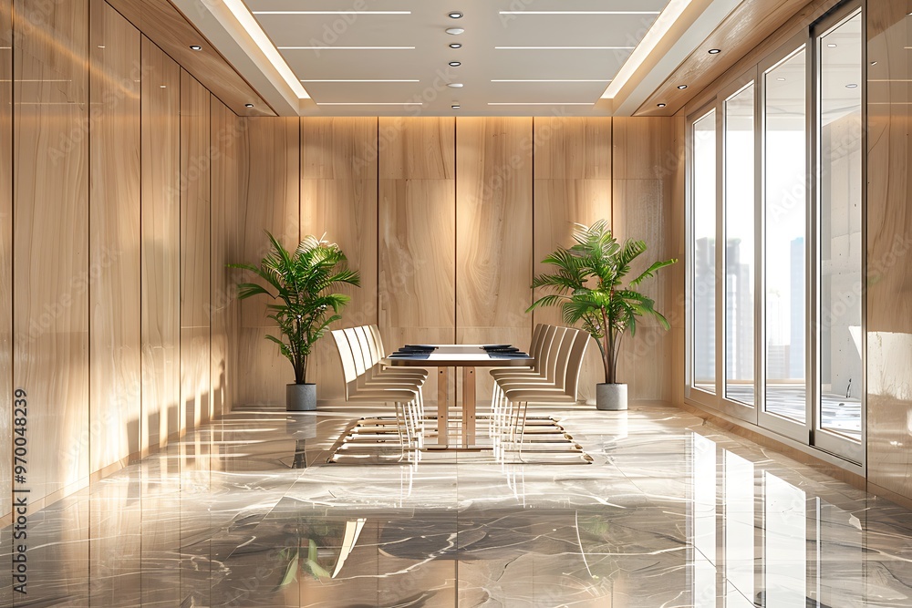 Elegant meeting room with wooden walls, marble floor, and a glass ...