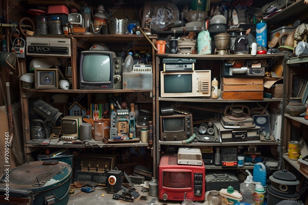 Nostalgic Collection of Vintage Electronics in a Cluttered Workshop ...