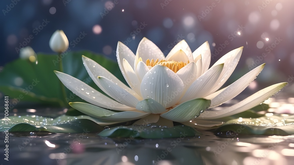 Pearls floating on a sparkling background in a lotus pink light. bud ...