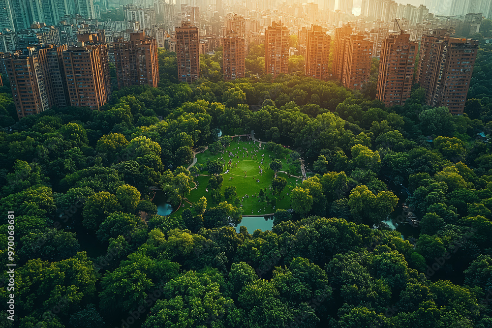 Bird's-eye view of a large urban park with green spaces and ...