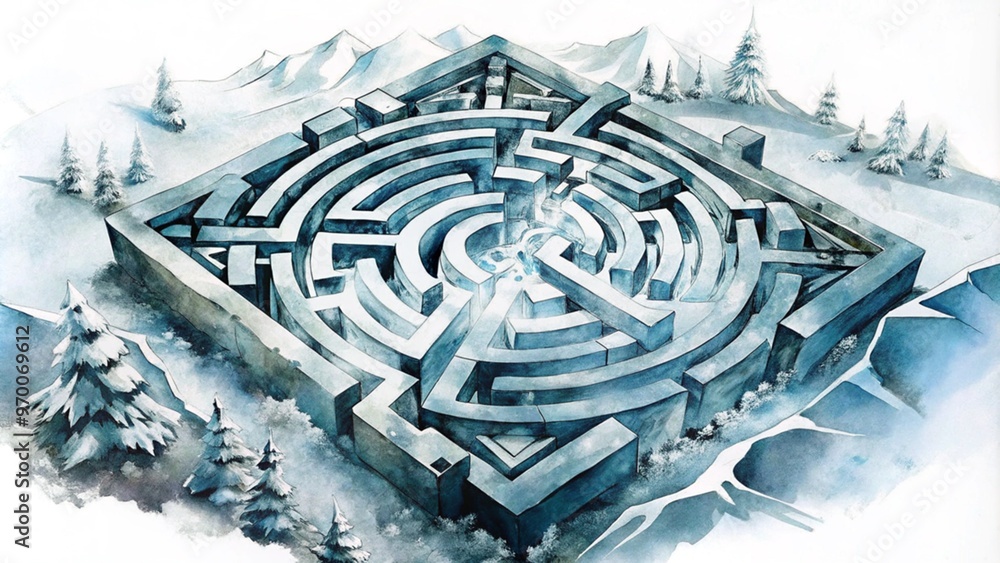 Intricate ice labyrinth depicted in a snowy landscape with surrounding ...