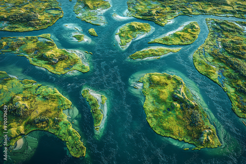 Aerial capture of a tranquil river delta with branching waterways and ...
