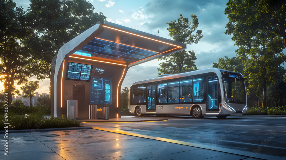 A futuristic electric bus stop with digital displays and solar panels ...