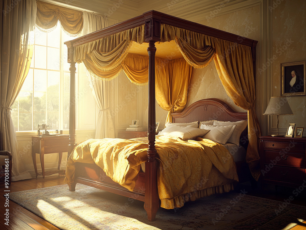 colonial four-poster bed with a golden yellow silk canopy, set in a ...