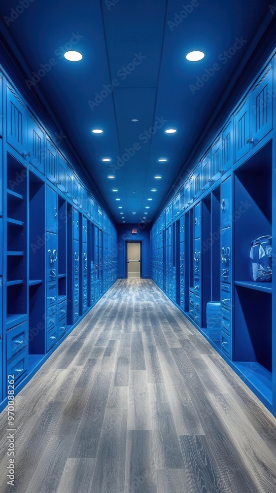 modern sports locker room with sleek blue design rows of open lockers ...
