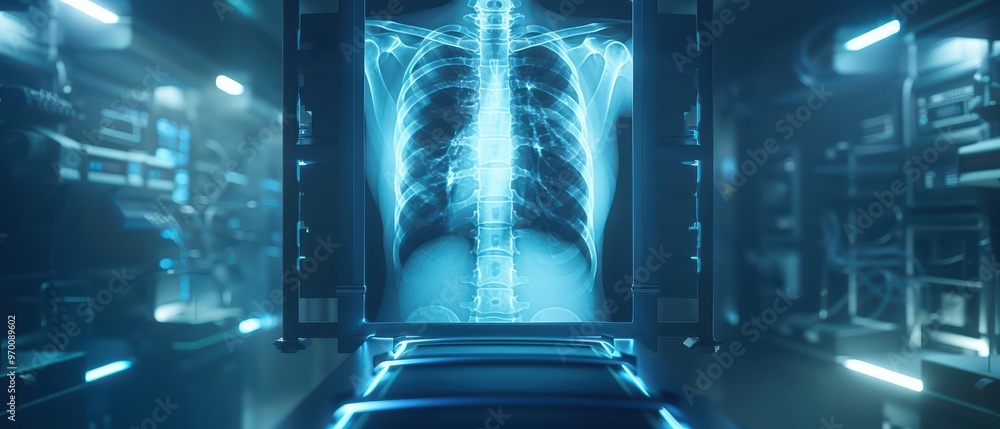 Futuristic view of a human thoracic cavity with glowing rib and lung ...