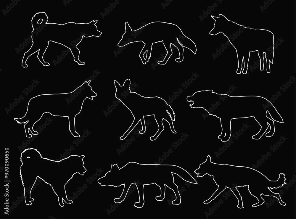 Wolf, coyote, jackal and dog collection vector silhouette illustration isolated. Maned wolf ...