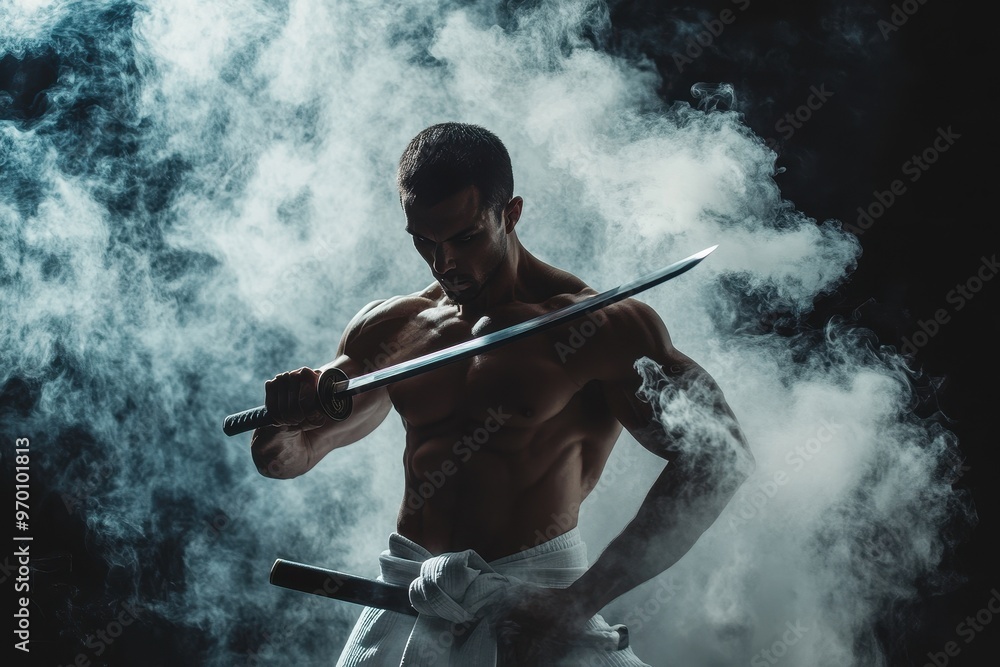 Shirtless man samurai wielding a Japanese sword in smoke on black ...