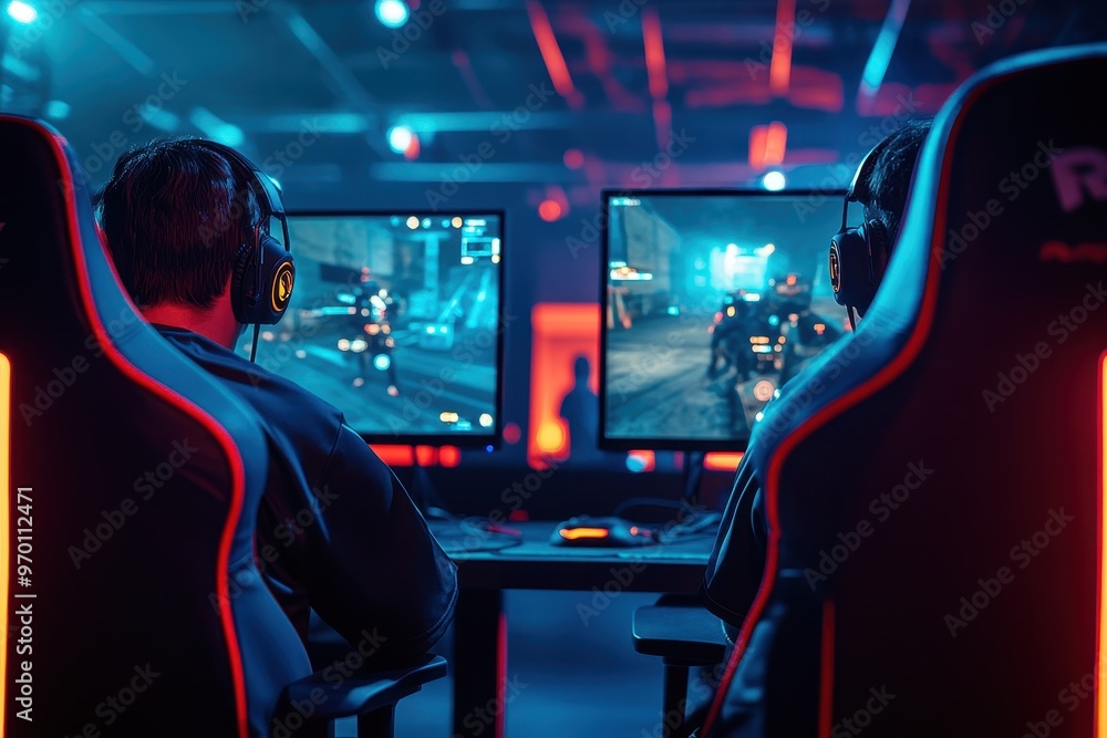 Two professional esports teams compete in FPS shooter game on big ...