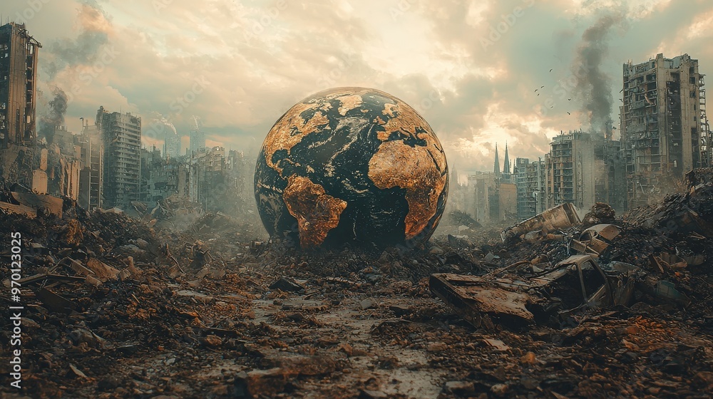 A damaged earth in a wasteland, showing the Americas engulfed by ...