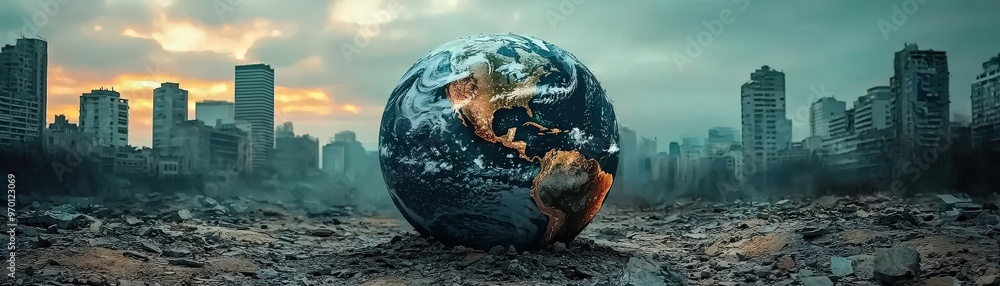 A damaged earth in a wasteland, showing the Americas engulfed by ...