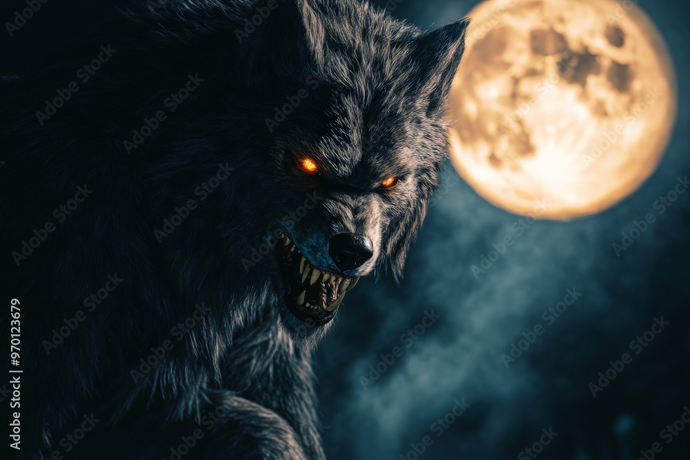 A fierce werewolf with blazing orange eyes bares its menacing teeth in ...