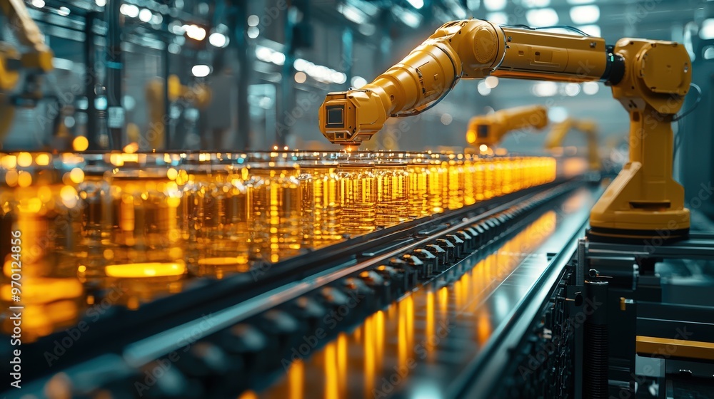 Robotic camera performing a 360-degree inspection of products on a ...