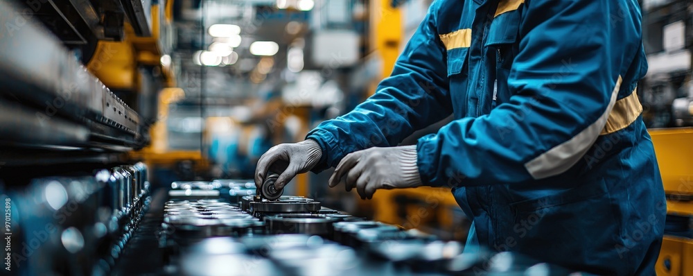 Worker conducting a visual inspection of automotive parts in a factory ...
