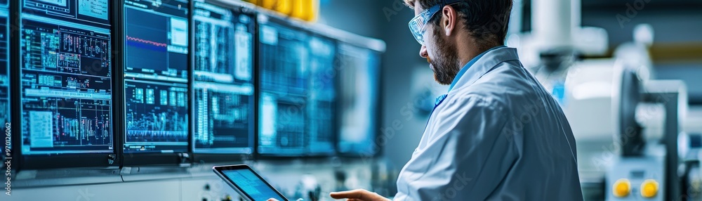 Worker using a tablet to monitor production quality from a control room ...