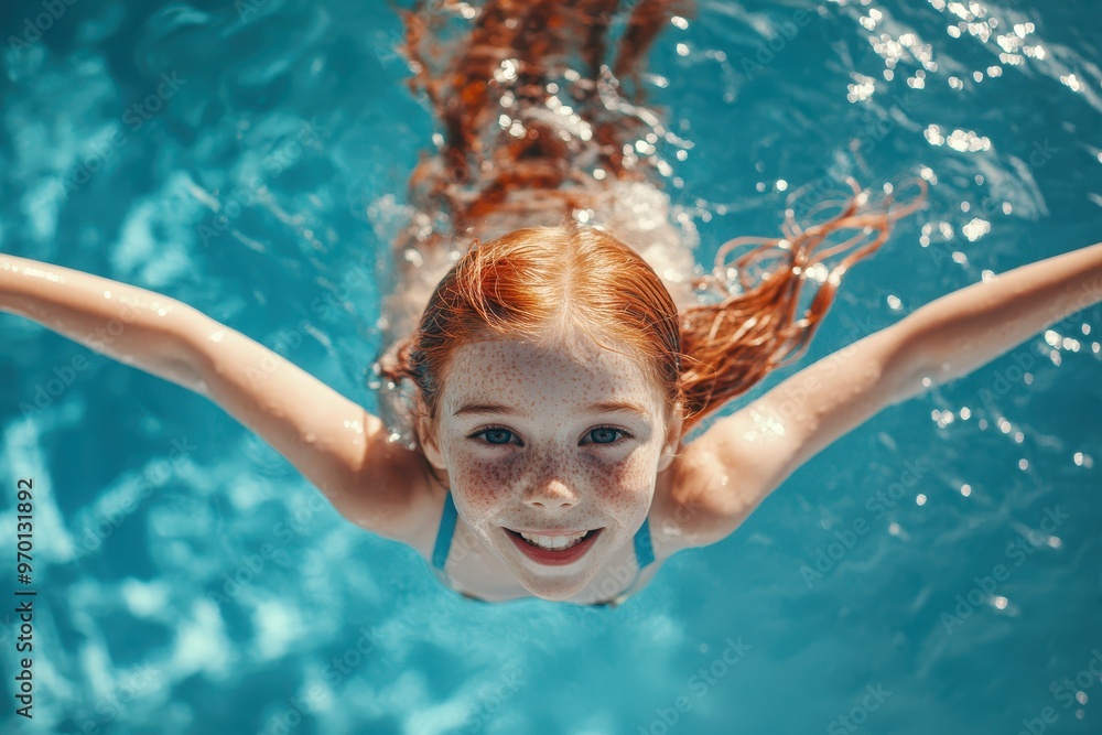 Red haired girl dives from springboard in pool kid having fun in ...