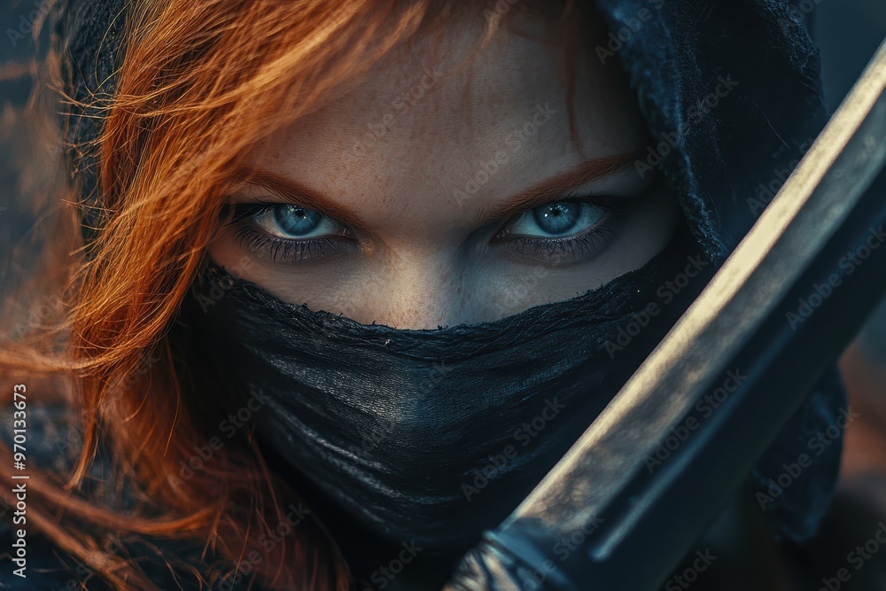 Redhead girl with blue eyes in black leather costume holding dagger and ...