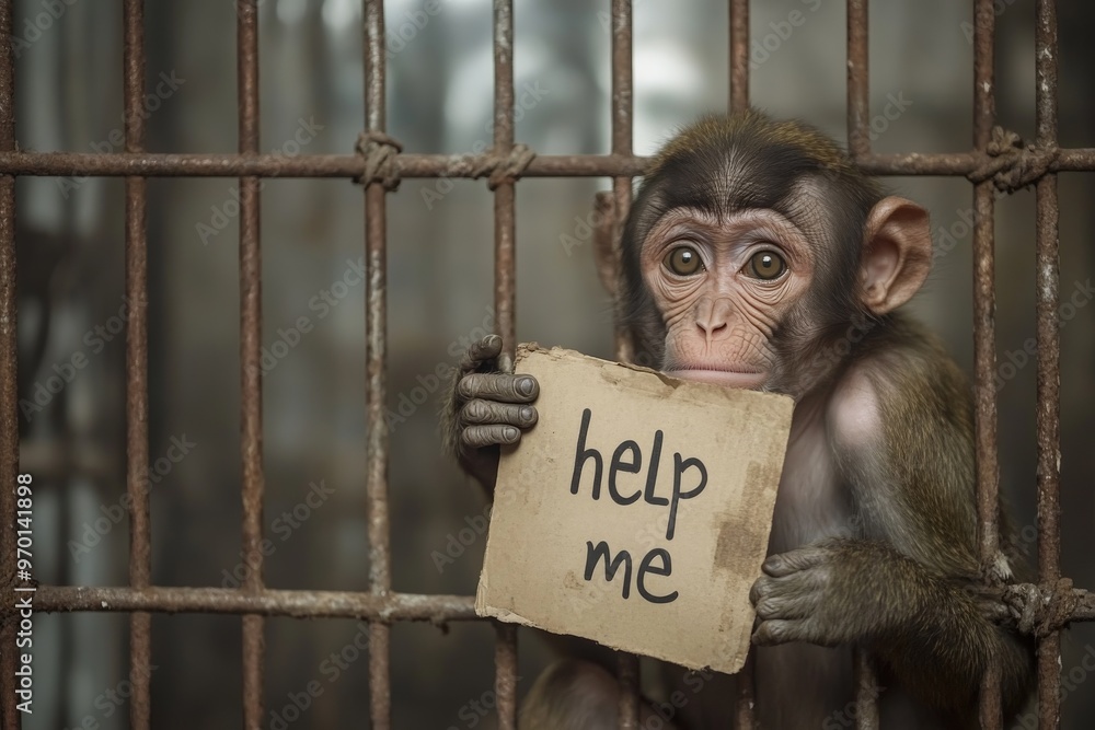 A young monkey is pictured behind rusty bars holding a handwritten sign ...