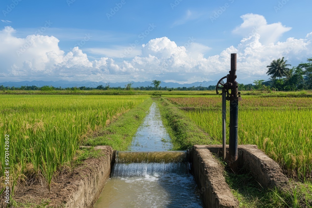 Using pump wells to irrigate rice fields by pumping water from the ...
