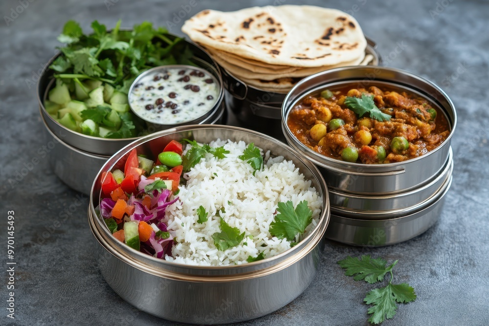 Vegetarian Indian lunch box with stainless steel containers for office ...