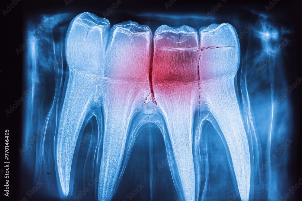 This dental x-ray image displays a tooth with visible cracks, providing ...