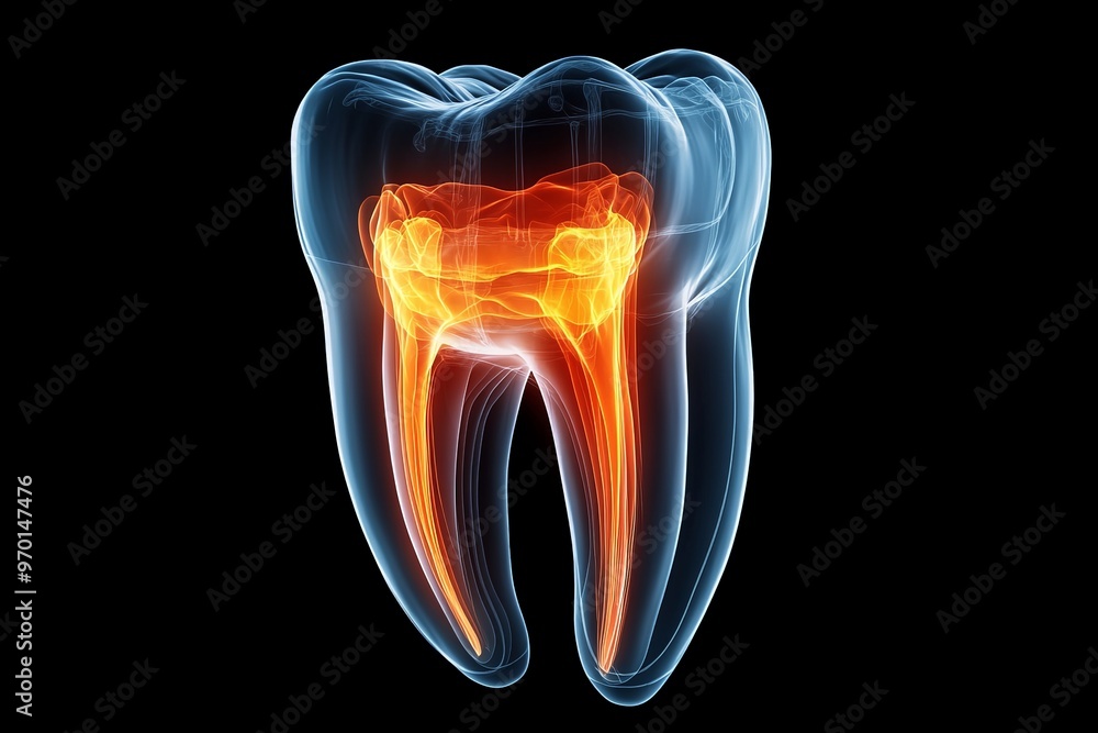 This image intricately showcases a glowing tooth with meticulous detail ...