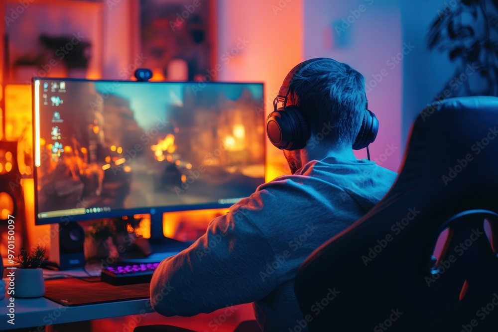 Young gamer playing first person shooter game online in a esports ...