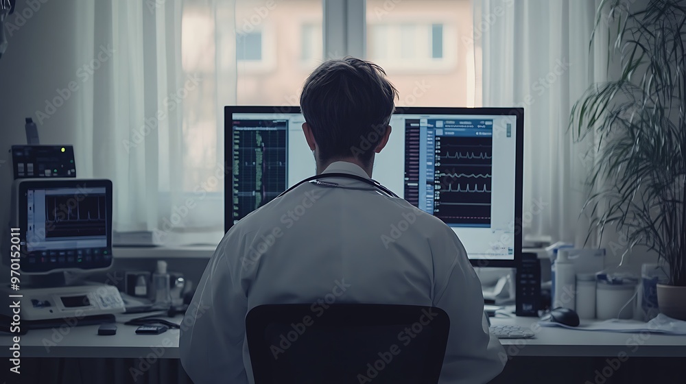 Doctor working on computer in a hospital office. Focus on healthcare ...