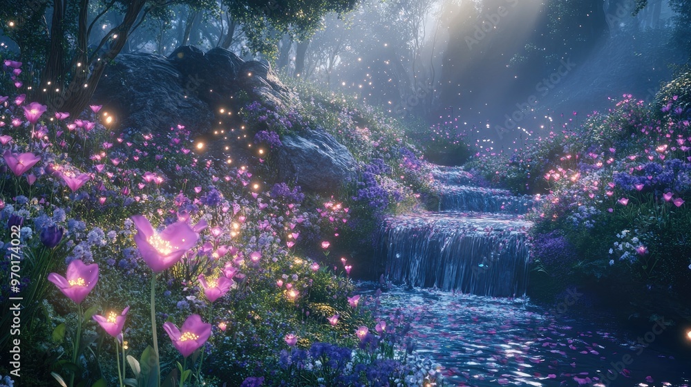 Magical fairy land with glowing flowers and sparkling streams, set in a ...