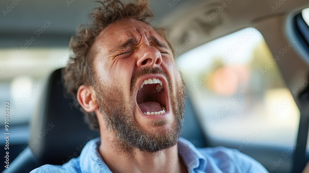 A man in a blue shirt sits inside a car, yelling with his mouth open ...
