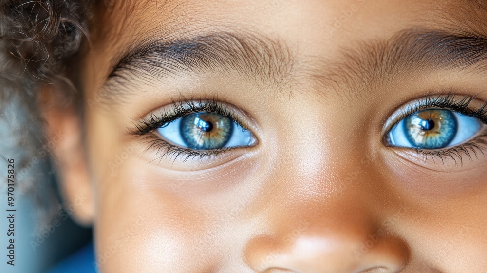 This image captures the stunning blue eyes of a child with dark ...