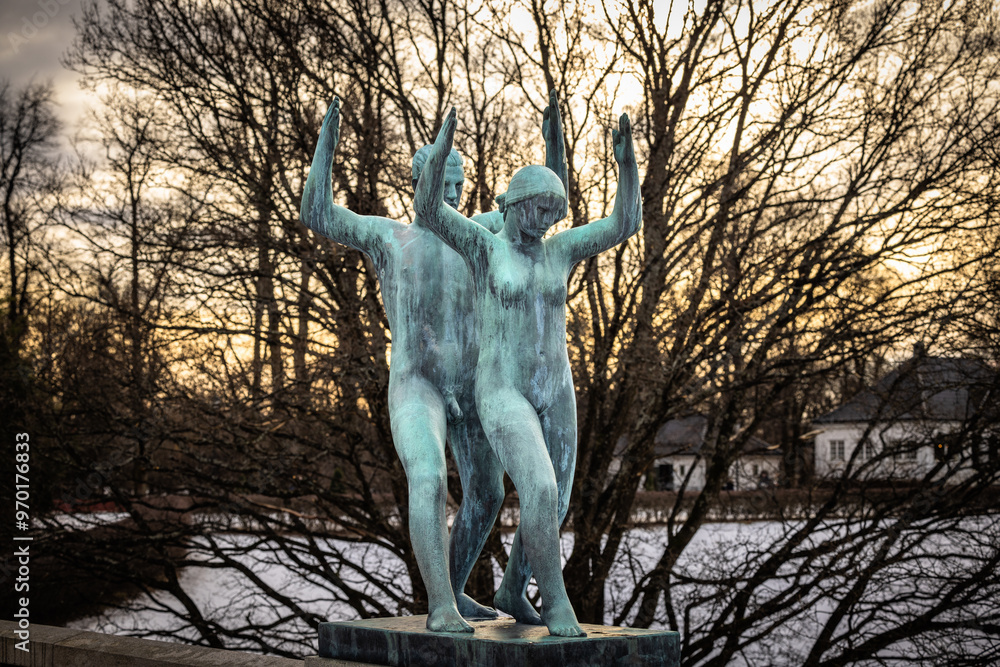 Oslo - February 11 2023: Statues in the famous Vigeland Park in Oslo ...