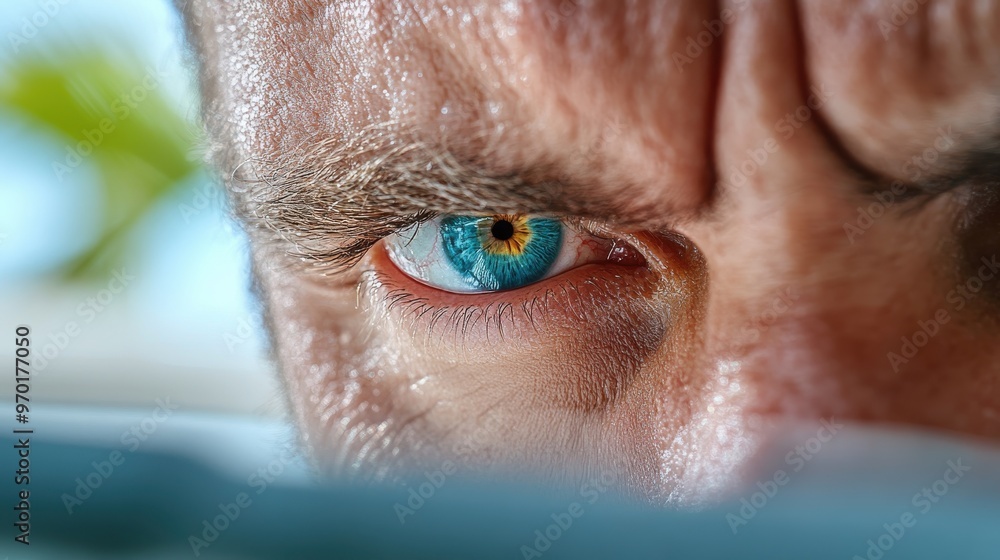 An extremely close-up shot focusing on a man’s blue eye with a stern ...