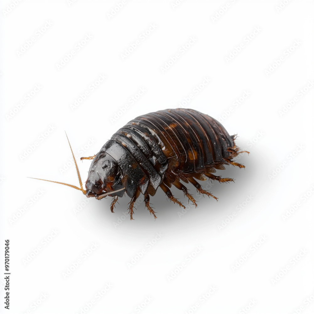 Detailed close-up of a woodlouse, an isopod, with segmented body and ...