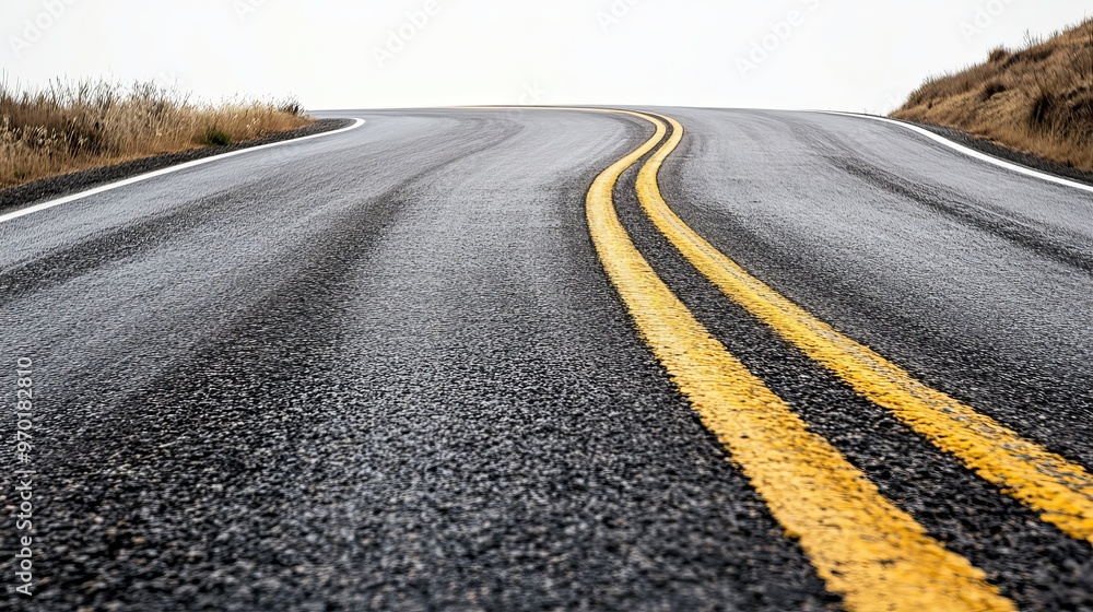a curved, two-lane road with yellow lines set off from a transparent ...