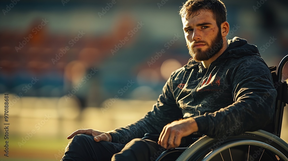 handsome determined disabled rugby player in a wheelchair on a stadium ...