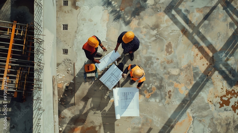 Top down aerial view of architect engineer team shake hands and discussing about building ...