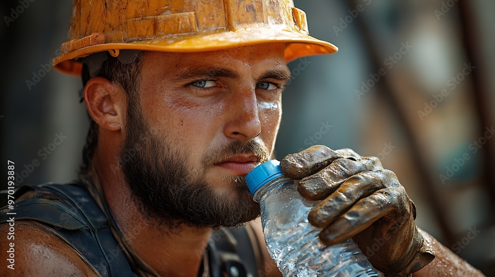 Dangerous from heat wave during working outside the building Caucasian ...