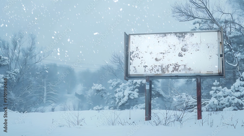 A closeup mockup of a large blank billboard sign in a winter snow scene ...