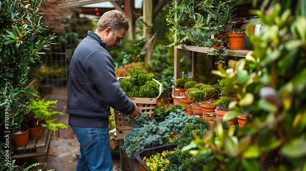 Gardener unpacking parcel with plants in containers Blue star juniper ...