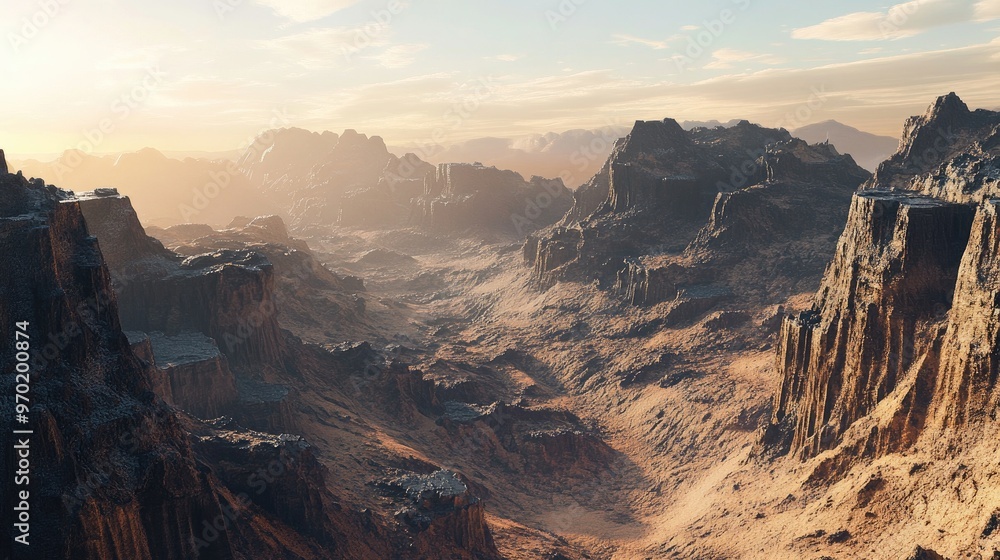 Fantasy realistic terrain of an alien world featuring canyons and rocky ...