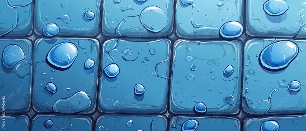 Blue tile background with water droplets 2D cartoon illustration style ...