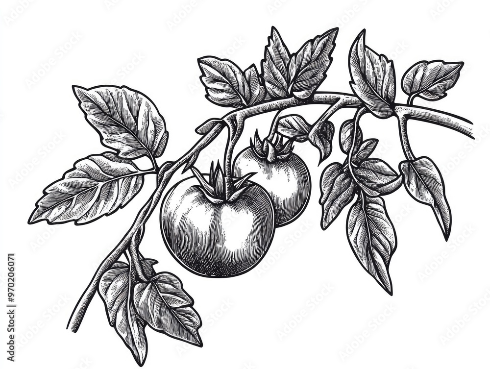 Hand drawn illustration of a tomato branch with leaves in a 2D cartoon ...